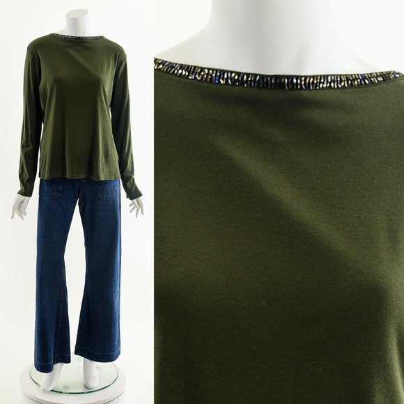 Tops | Olive Green Beaded Knit Top | Poshmark